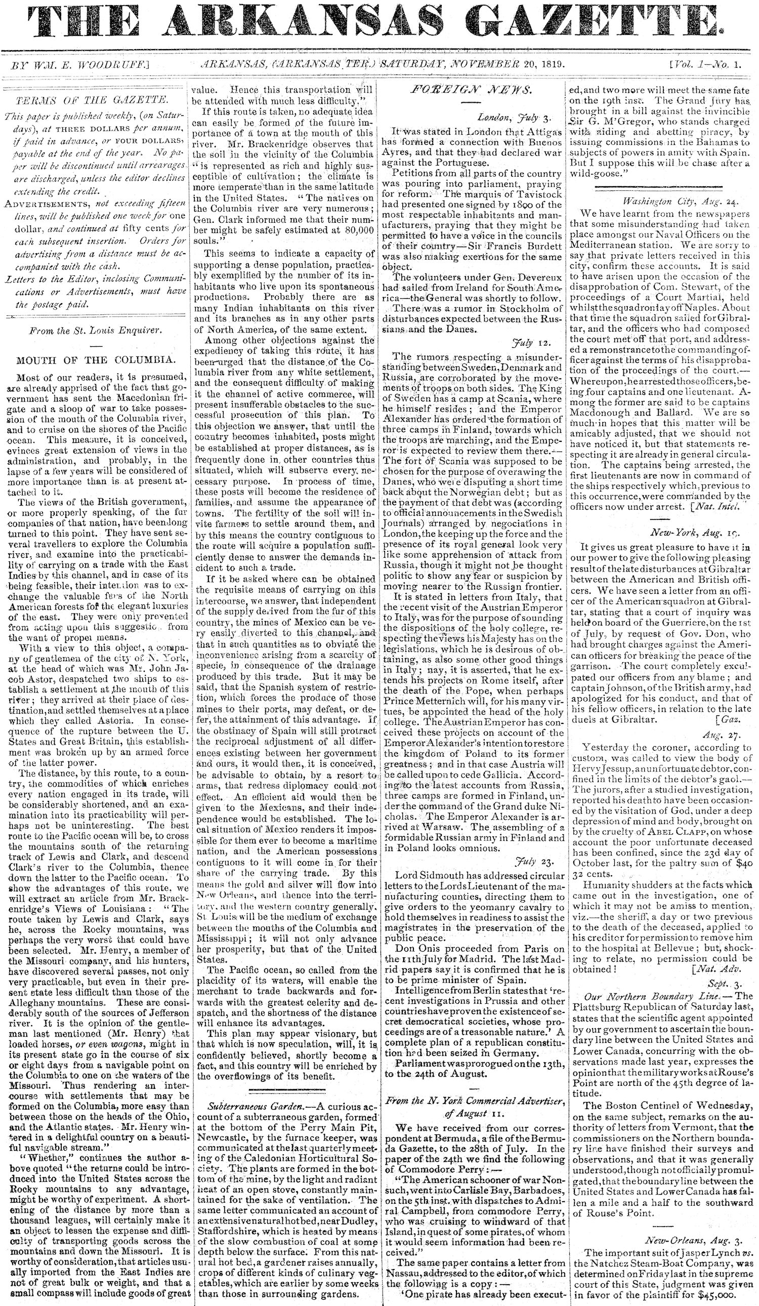 200 years since the first issue of the ARKANSAS GAZETTE | Little Rock ...